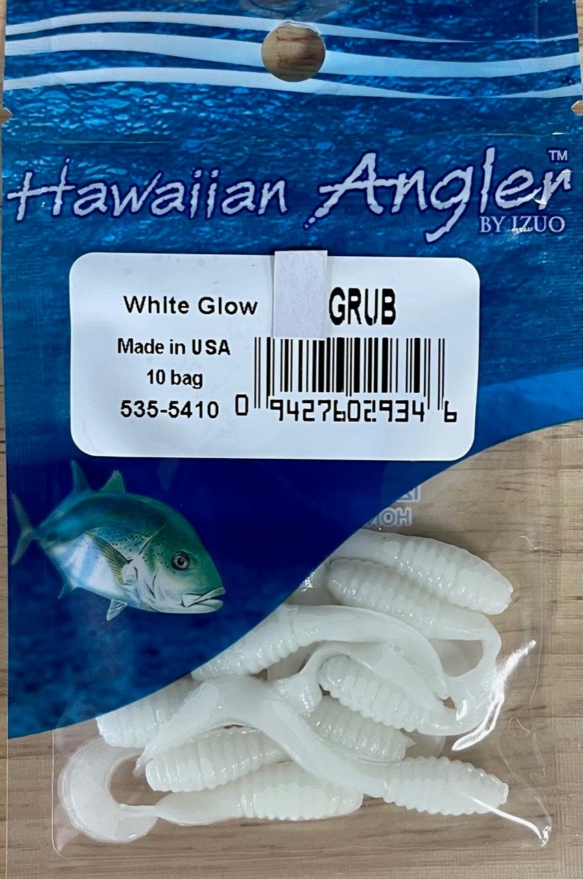 HAWAIIAN ANGLER 2" GRUB WHITE GLOW 1OPK | Choke Fishing Supplies LLC.